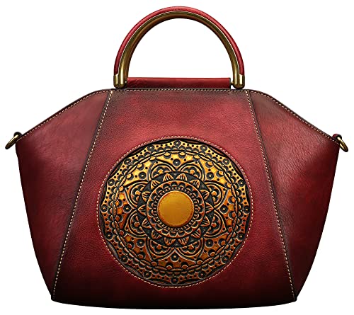 Genuine Leather Handbags for Women, Organizer Top Handle Satchel Vintage Embossing Totem Shoulder Bag