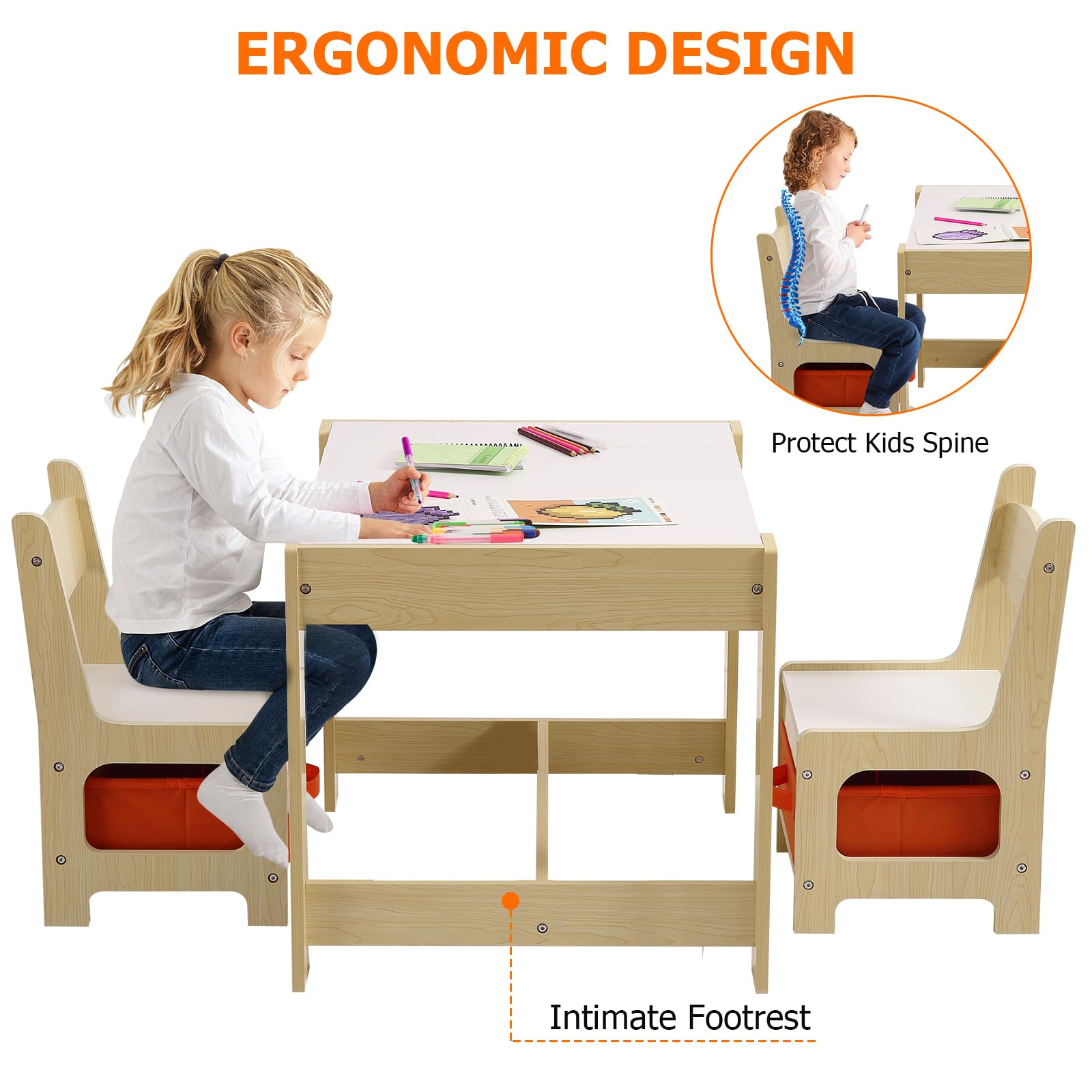 Bophy Kids Table and Chair Set, 3 in 1 Children Activity Table w/Storage, Removable Tabletop, Blackboard, 3-Piece Toddler Furniture Set for Art, Crafts, Drawing, Reading, Playroom (Natural)