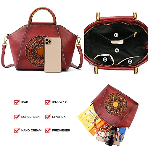 Genuine Leather Handbags for Women, Organizer Top Handle Satchel Vintage Embossing Totem Shoulder Bag