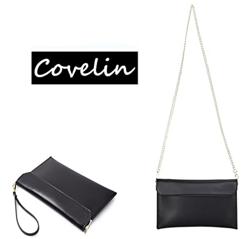 Covelin Women's Wristlet Clutch Handbag Genuine Leather Envelope Evening Shoulder Bags Black