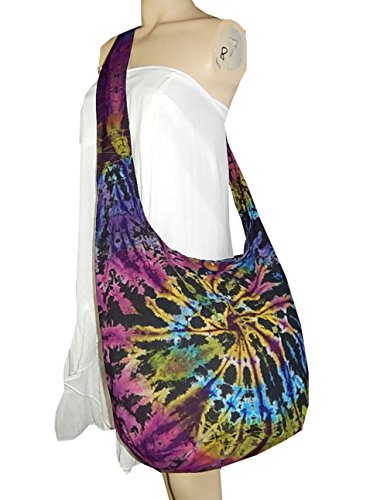 BTP! Tie Dye Sling Crossbody Shoulder Bag Purse Hippie Hobo Cotton Bohemian Colorful Firework, Random Spiral Dark Tone, Large