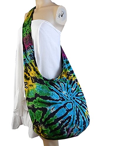 BTP! Tie Dye Sling Crossbody Shoulder Bag Purse Hippie Hobo Cotton Bohemian Colorful Firework, Random Spiral Dark Tone, Large