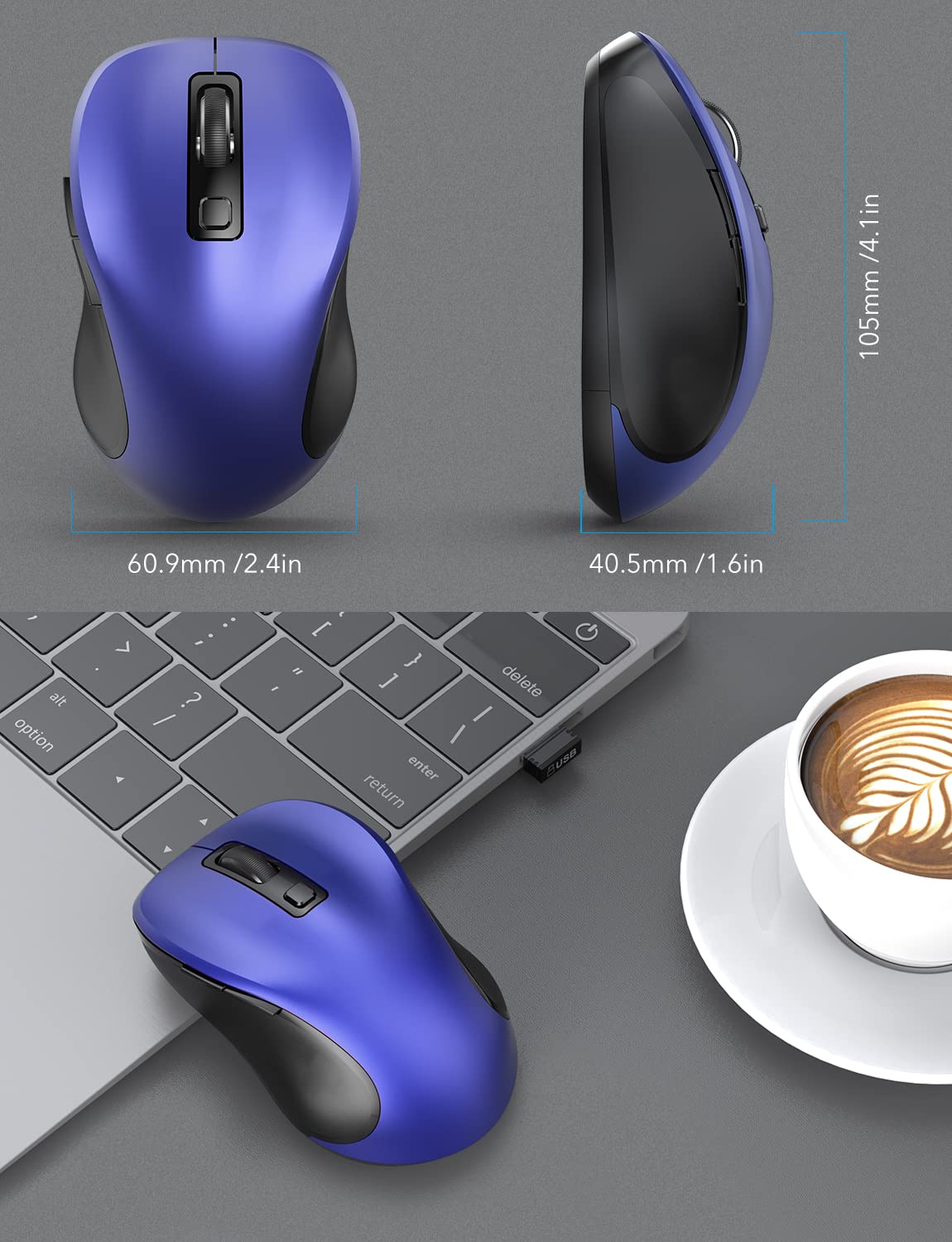 Trueque Wireless Mouse for Laptop, 2.4GHz Ergonomic Computer Mouse with Back & Forward Buttons, 3-Level DPI, 6 Buttons, Optical USB Cordless Mice for Windows Chromebook MacBook PC (Blue)