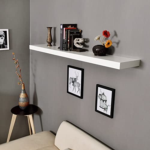 WELLAND Mission Floating Shelf, Wall Mount Shelving, Wood Modern Display Shelves, Bookshelves,for Living Room Kitchen, Approx 60-inch Length by 2-inch High, White
