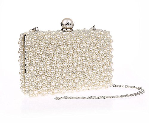 ZAKIA Womens Faux Pearl Beaded Evening Clutch Bag Bridal Wedding Handbag Party Embedded Frame Purse (Cream White)