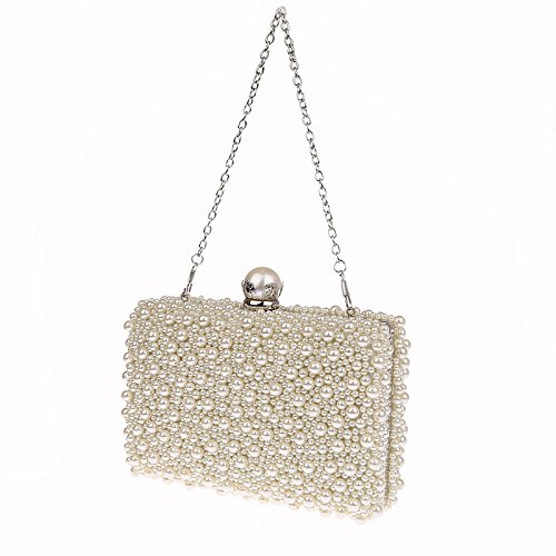 ZAKIA Womens Faux Pearl Beaded Evening Clutch Bag Bridal Wedding Handbag Party Embedded Frame Purse (Cream White)