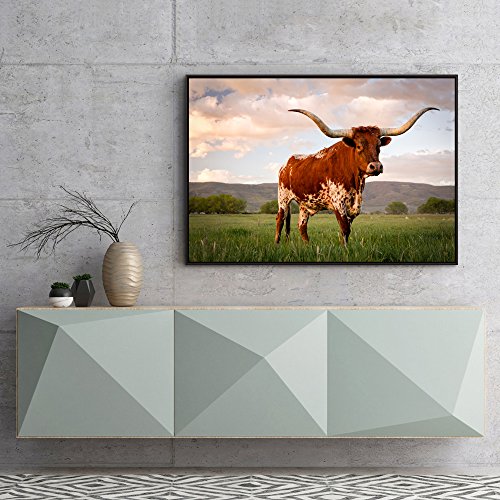Visual Art Decor Large Animals Canvas Wall Art Texas Longhorn in Sunset Farm Picture Prints Framed and Stretched Painting for Modern Home Living Room Decoration (28"x40" Origin)