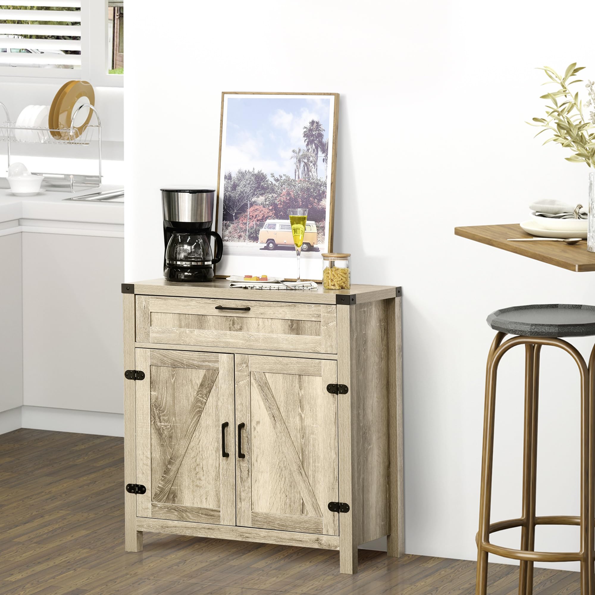 HOMCOM Sideboard Buffet Cabinet with Storage Drawer, Modern Farmhouse Kitchen Cabinet with 2 Barn Doors, Coffee Bar Cabinet, Oak