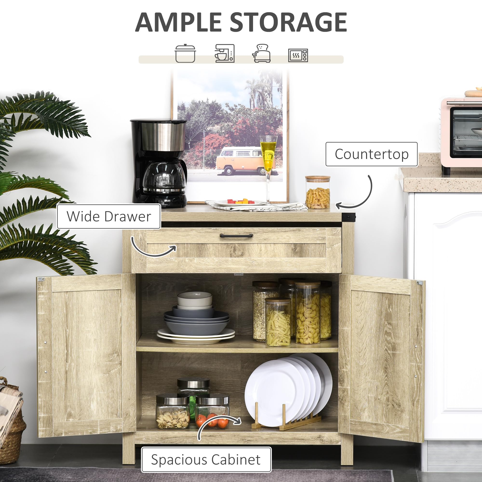 HOMCOM Sideboard Buffet Cabinet with Storage Drawer, Modern Farmhouse Kitchen Cabinet with 2 Barn Doors, Coffee Bar Cabinet, Oak