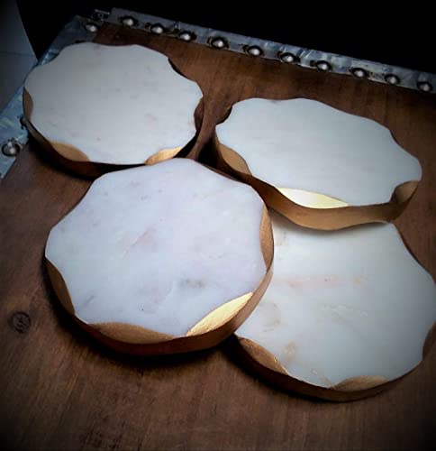 James Scott Marble Coasters - Set of 4 Round Natural Coasters with Gold Edges - Beautiful Gift