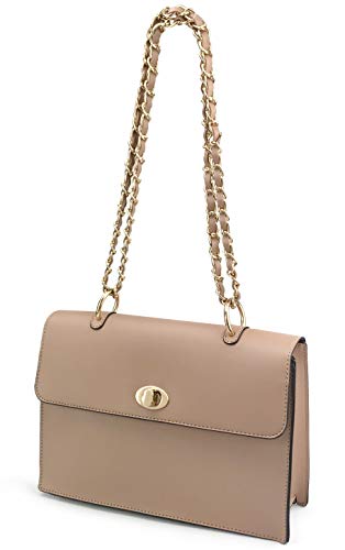 Women Chain Shoulder Handbag with Turn Lock Minimalist Flap Top Cross Body Bag Purse (Nude) Medium