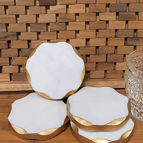 James Scott Marble Coasters - Set of 4 Round Natural Coasters with Gold Edges - Beautiful Gift