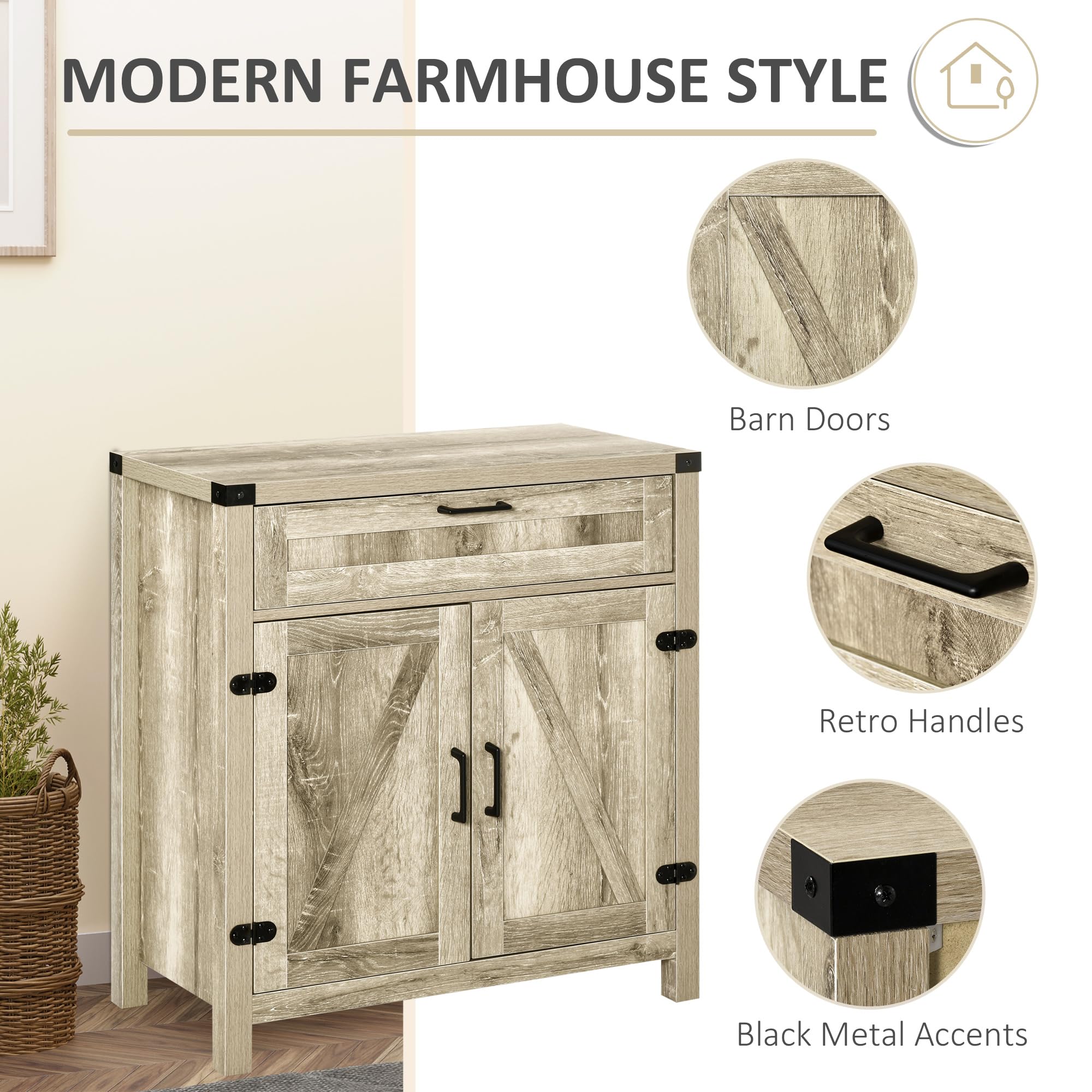 HOMCOM Sideboard Buffet Cabinet with Storage Drawer, Modern Farmhouse Kitchen Cabinet with 2 Barn Doors, Coffee Bar Cabinet, Oak