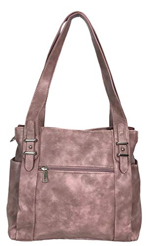 Zzfab Multi Pockets Double Handles Faux Leather Concealed Carry Purse with Hidden Locking Zipper Mauve