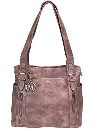 Zzfab Multi Pockets Double Handles Faux Leather Concealed Carry Purse with Hidden Locking Zipper Mauve