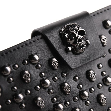 Shinywear Women's Black Long Skull Studded Purses Genuine Leather Card Holder Wallet