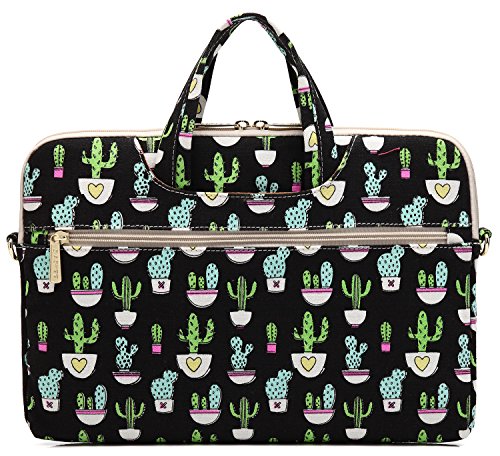 DACHEE Black Cactus Patten Canvas Laptop Shoulder Messenger Bag Case Sleeve for 14 Inch 15 Inch Laptop 15 Case Laptop Briefcase 15.6 Inch