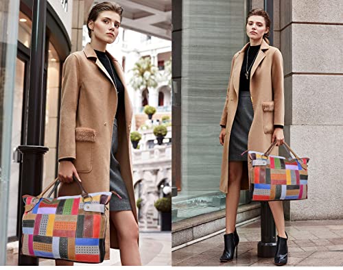Segater® Women’s Genuine Leather Tote Multicolour Patchwork Hollow Shoulder Bag Cowhide Stitching Colorful Large Handbag Purses Multicoloured