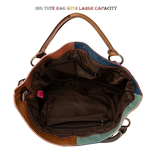 Segater® Women’s Genuine Leather Tote Multicolour Patchwork Hollow Shoulder Bag Cowhide Stitching Colorful Large Handbag Purses Multicoloured