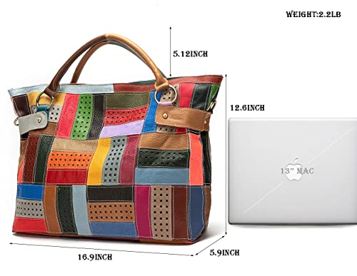 Segater® Women’s Genuine Leather Tote Multicolour Patchwork Hollow Shoulder Bag Cowhide Stitching Colorful Large Handbag Purses Multicoloured