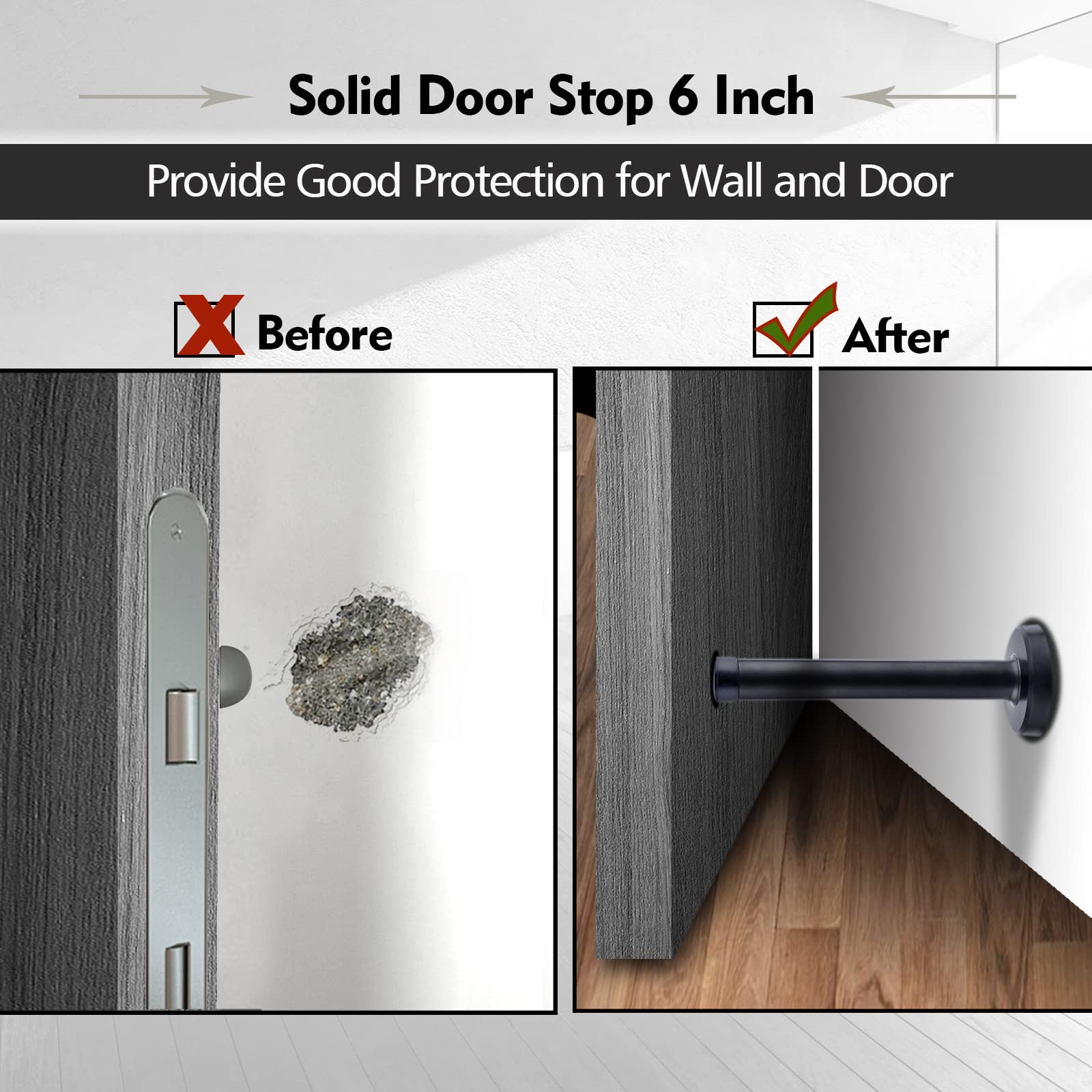 Door Stops, 6 Inch Long Door Stopper, Wall Mount, Heavy Duty Solid Black Doorstop Brushed Stainless Steel with Soft Rubber Bumper Tips