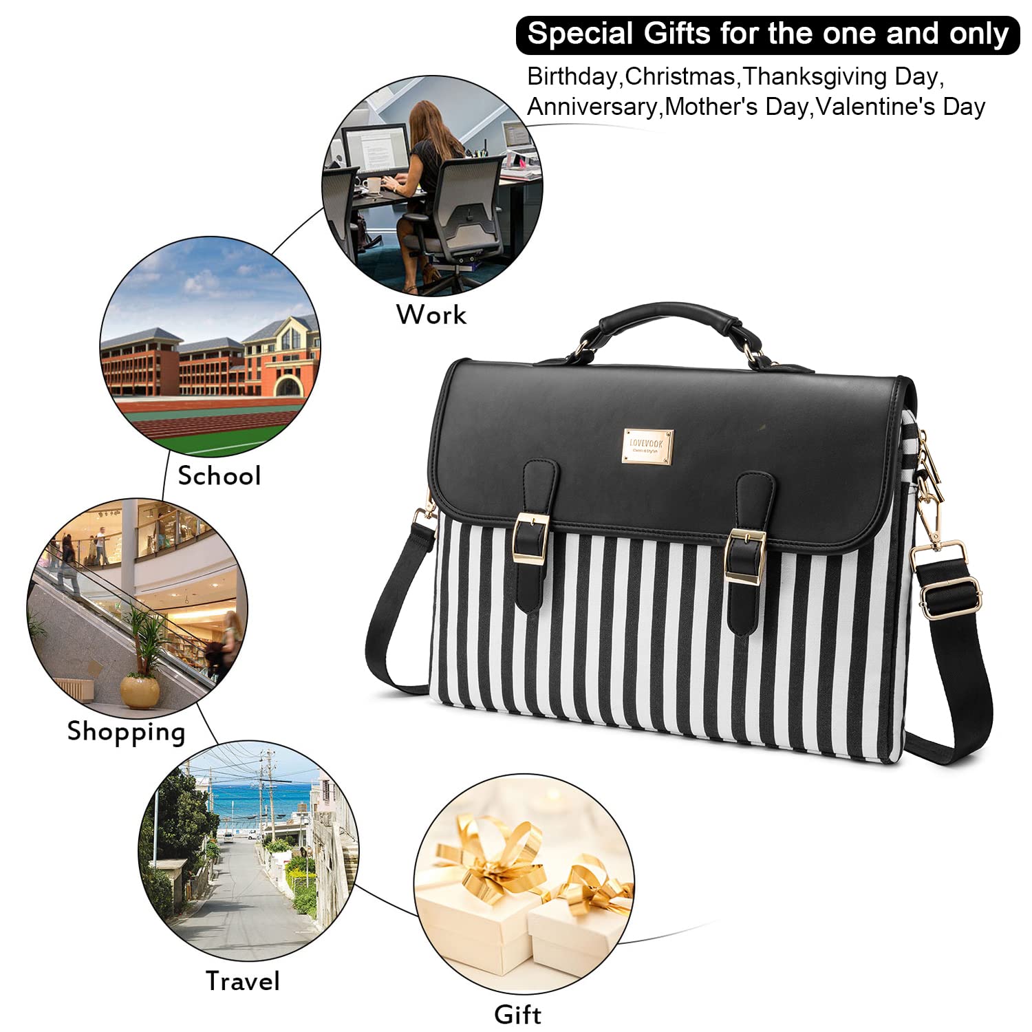 LOVEVOOK Computer Bag Laptop Bag for Women Cute Laptop Messenger Bag for Work College, Slim-Black, 15.6-Inch