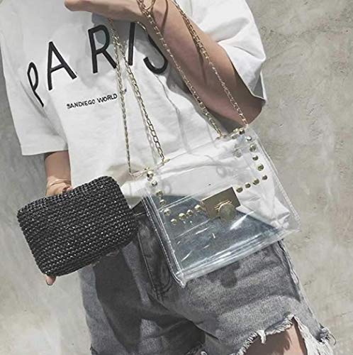 YYW 2 in 1 Clear Purses for Women Clear Clutch Purse, Clear Studded Crossbody Bag Stadium Approved, with Straw Purse (Black)