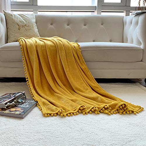 LOMAO Flannel Blanket with Pompom Fringe Lightweight Cozy Bed Blanket Soft Throw Blanket fit Couch Sofa Suitable for All Season (51x63) (Mustard Yellow)