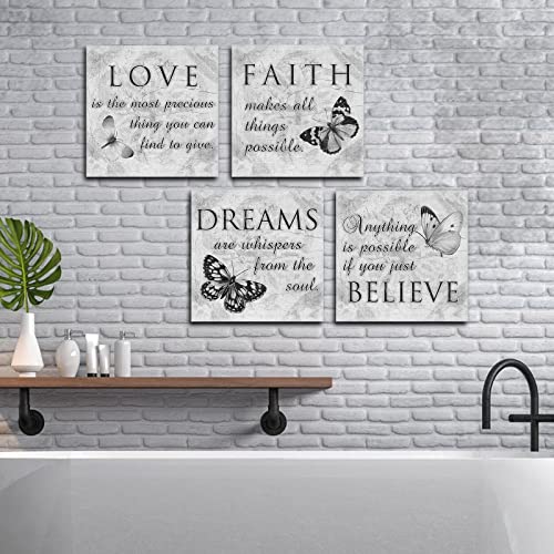Canvas Wall Art Butterfly Grey Inspirational Quotes Love Dream Faith Believe Bathroom Bedroom Wall Decor Posters Picture Prints (12x12inch, Grey)