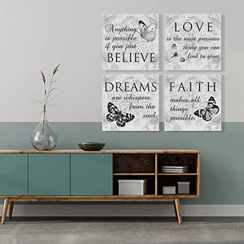Canvas Wall Art Butterfly Grey Inspirational Quotes Love Dream Faith Believe Bathroom Bedroom Wall Decor Posters Picture Prints (12x12inch, Grey)