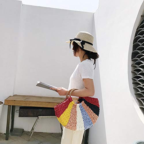 YYW Women Straw Bag,Colorful Hand-woven Rattan Tote Clutch Handle Bag Retro Summer Beach Tote Bags Wicker Bags