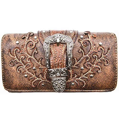 Western Style Tooled Leather Conceal Carry Purse Buckle Country Large Totes Handbag Women Shoulder Bag Wallet Set Brown