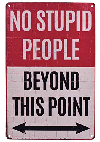 LASMINE Warning No Stupid People Beyond This Point Rustic Metal Tin Sign Wall Decor Art Vintage Metal Sign Garage Signs for Men Home Decor Tin Art Decor Metal Mouse pad 8X12 Inch