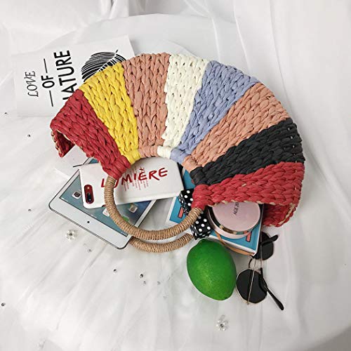 YYW Women Straw Bag,Colorful Hand-woven Rattan Tote Clutch Handle Bag Retro Summer Beach Tote Bags Wicker Bags