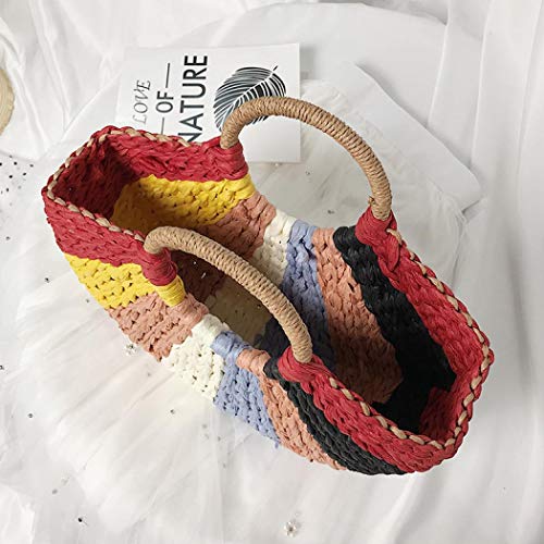 YYW Women Straw Bag,Colorful Hand-woven Rattan Tote Clutch Handle Bag Retro Summer Beach Tote Bags Wicker Bags