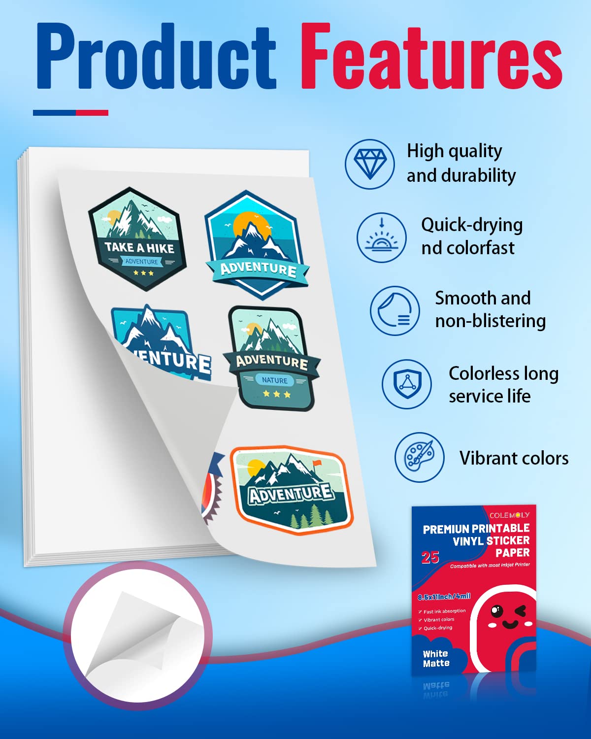 Colemoly Sticker Paper Printable Vinyl for Inkjet Printer 25 Sheets Matte White Waterproof Decals Adhesive Quick Drying Tear resistance Non-residue Label Vivid Color 8.5x11 In for Craft,Scrapbooking