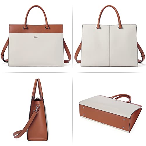CLUCI Women Briefcase Leather Laptop Bag for Women 15.6inch Computer Bag Messenger Business Work Tote Beige with Brown