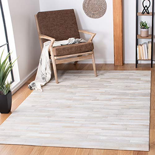 SAFAVIEH Studio Leather Collection 5' x 8' Ivory / Light Grey STL804A Handmade Mid-Century Modern Leather Area Rug