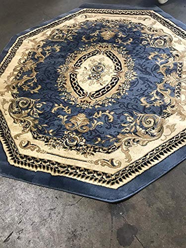 Traditional Octagon Oriental Floral Aubusson Area Rug Persian Light Blue Burgundy Beige Design 602 (4 Feet X 4 Feet)