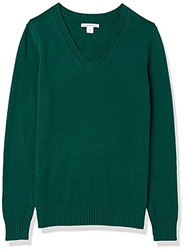 Amazon Essentials Women's 100% Cotton Long-Sleeve V-Neck Sweater, Dark Green, Medium