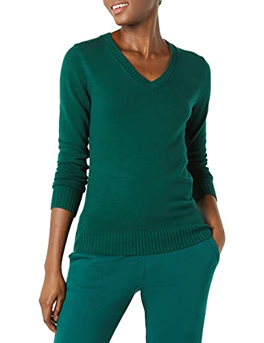 Amazon Essentials Women's 100% Cotton Long-Sleeve V-Neck Sweater, Dark Green, Medium