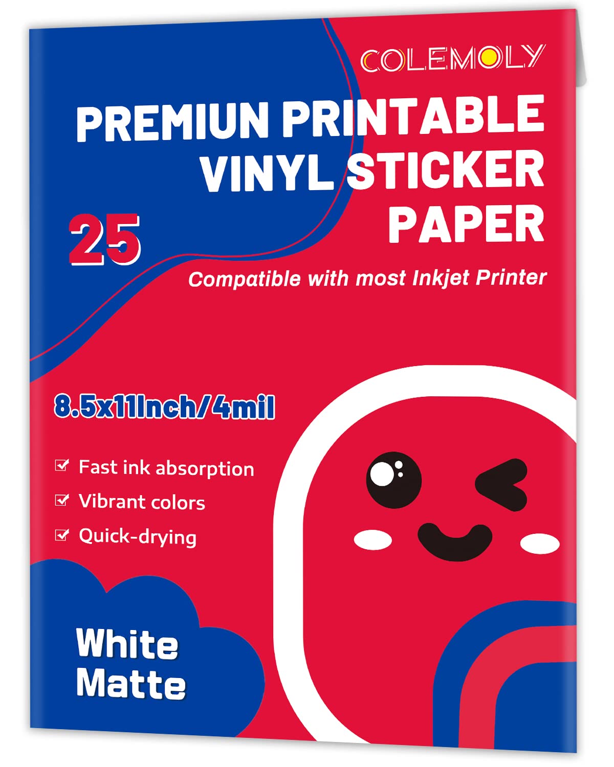 Colemoly Sticker Paper Printable Vinyl for Inkjet Printer 25 Sheets Matte White Waterproof Decals Adhesive Quick Drying Tear resistance Non-residue Label Vivid Color 8.5x11 In for Craft,Scrapbooking