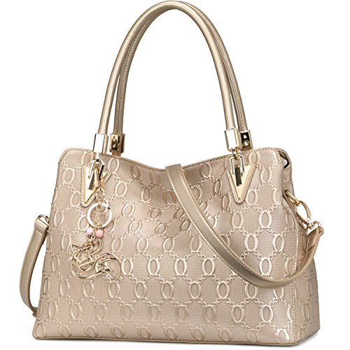 FOXER Leather Handbags for Women, Cow Leather Lock Chain Pattern Ladies Top Handle Bag with Adjustable Shoulder Strap Women's Designer Tote Bag Womens Real Leather Crossbody Purses and Handbags (Gold)