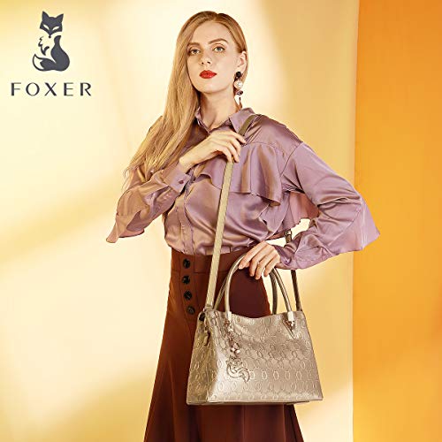 FOXER Leather Handbags for Women, Cow Leather Lock Chain Pattern Ladies Top Handle Bag with Adjustable Shoulder Strap Women's Designer Tote Bag Womens Real Leather Crossbody Purses and Handbags (Gold)