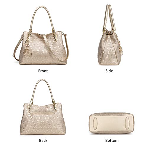 FOXER Leather Handbags for Women, Cow Leather Lock Chain Pattern Ladies Top Handle Bag with Adjustable Shoulder Strap Women's Designer Tote Bag Womens Real Leather Crossbody Purses and Handbags (Gold)