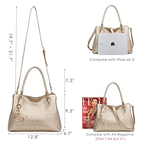 FOXER Leather Handbags for Women, Cow Leather Lock Chain Pattern Ladies Top Handle Bag with Adjustable Shoulder Strap Women's Designer Tote Bag Womens Real Leather Crossbody Purses and Handbags (Gold)