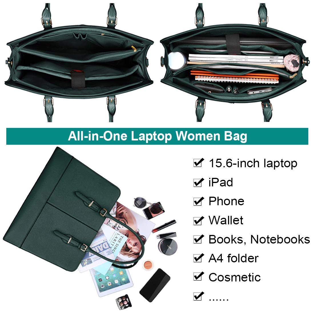 Laptop Bag for Women Leather Work Tote 15.6 Inch Laptop for Computer Bag Waterproof Business Office Professional Large Capacity Handbag Shoulder Bag