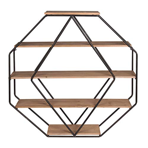Kate and Laurel Lintz Large Octagon Shaped Floating Wood Book Shelves for Decorative Wall Display, Black Metal Frame with Rustic Brown Shelves