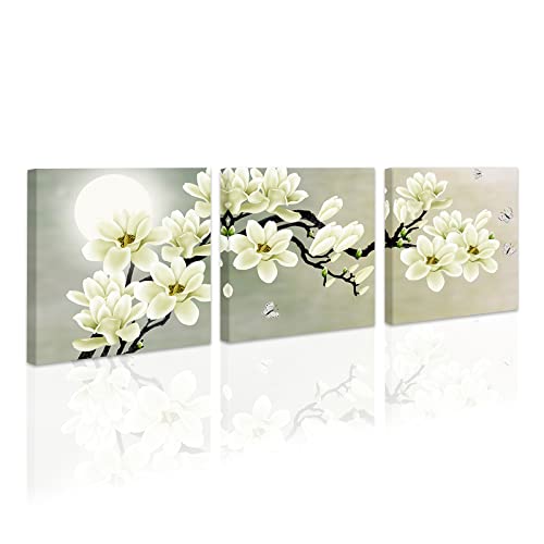 Natural art – White Magnolia & Butterfly Under the Moon Modern Giclee Canvas Prints Paintings to Photo Printed Artwork for Wall Decor
