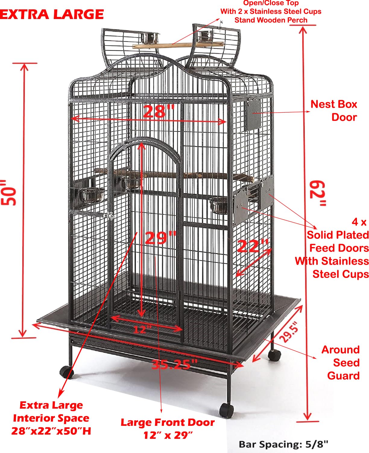 Extra Large Wrought Iron Open/Close Play Dome Top Parrot Bird Cage for Large Macaws Cockatoos African Grey Amazon (Black Vein, 35.25" W x 29.5" D x 62" H)